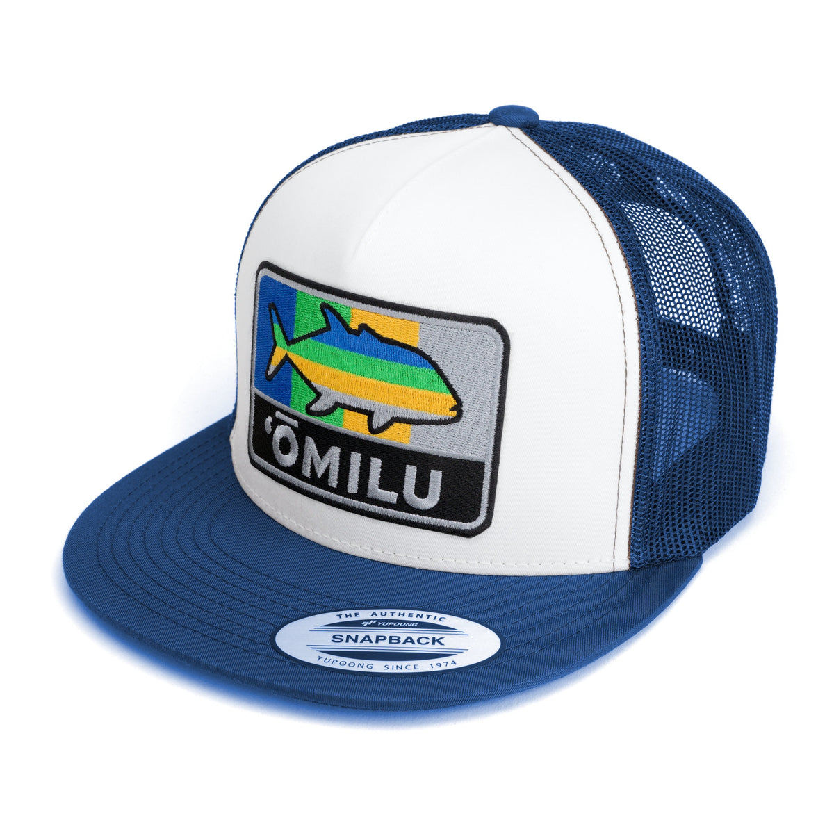 HFG -Navy/White Omilu FlatBill Trucker Hat — HiFishGear
